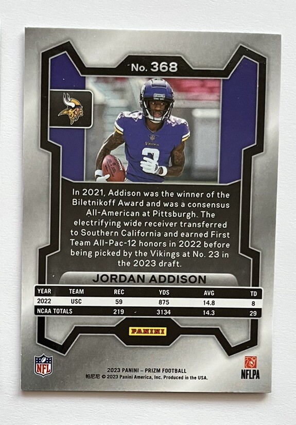 2023 Prizm Jordan Addison #368 Base Rookie Card Minnesota Vikings RC | eBay