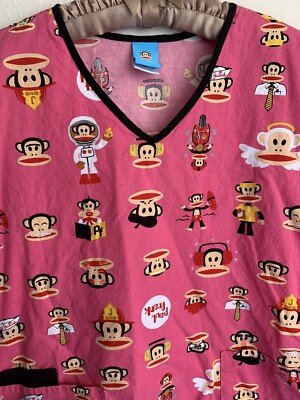 L Paul Frank Julius Monkey Scrub Shirt Top Pink Kawaii PF Astronaut ...