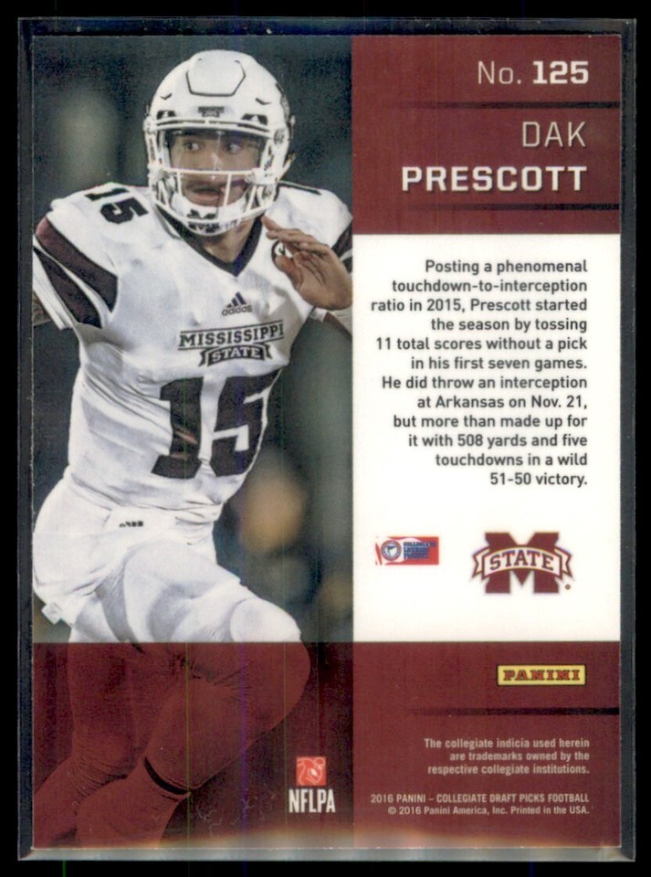 Dak Prescott 2016 Panini Prizm Collegiate Draft Picks RC #125 ...