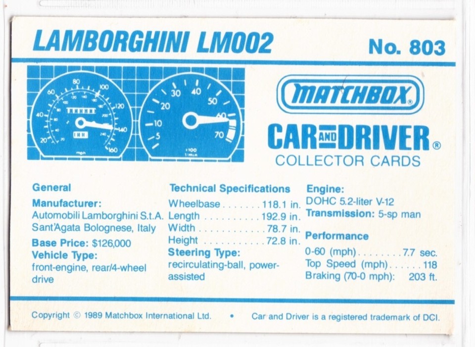 Vintage Matchbox Trading Card Lamborghini LM002 Truck "Rambo Lambo" c ...