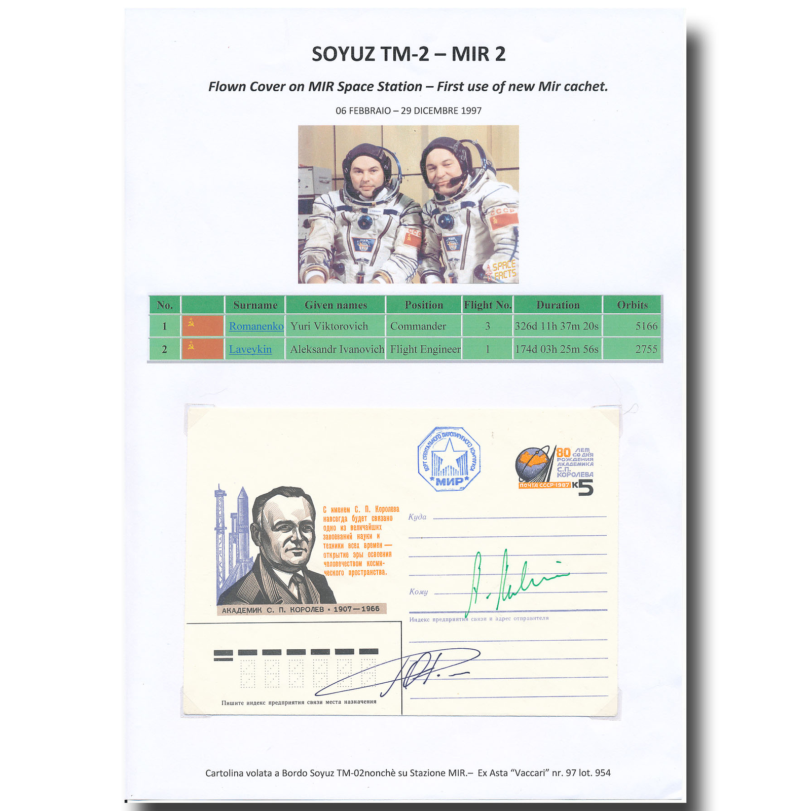 Soyuz TM-2 FLOWN MIR cover - first MIR bordpostmarker, crewsigned ...