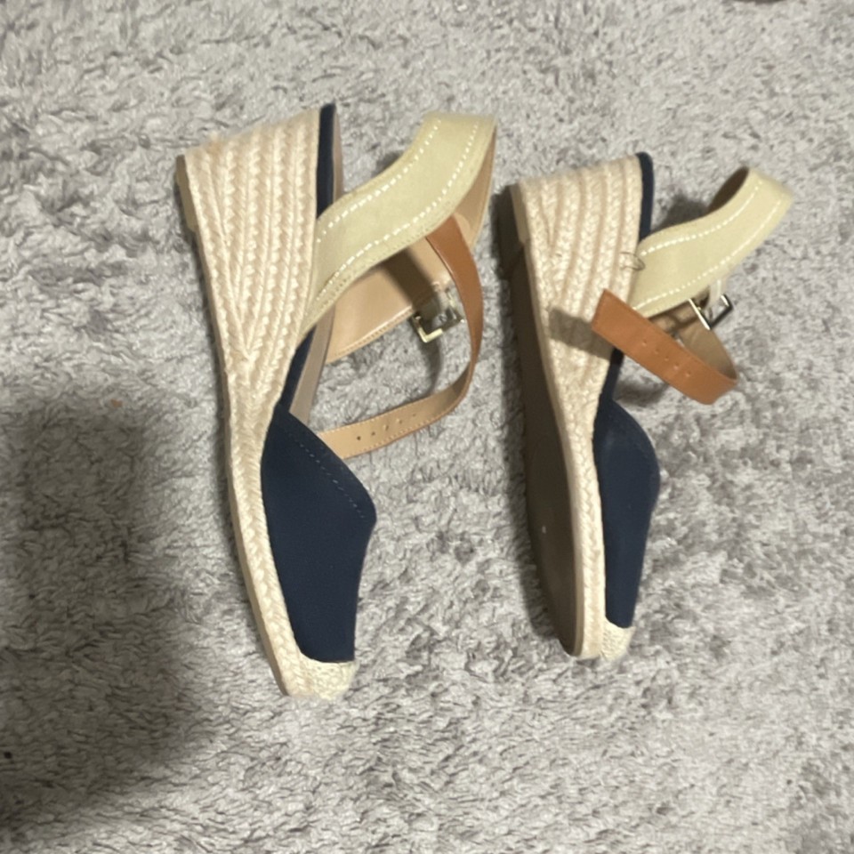 Tommy Hilfiger Navy Beige Canvas Espadrille Wedge Sandals Buckle Logo ...