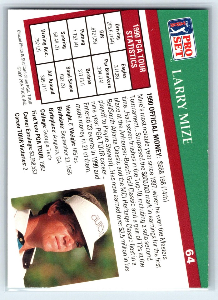 Larry Mize 1991 Pro Set PGA Tour #64 | eBay