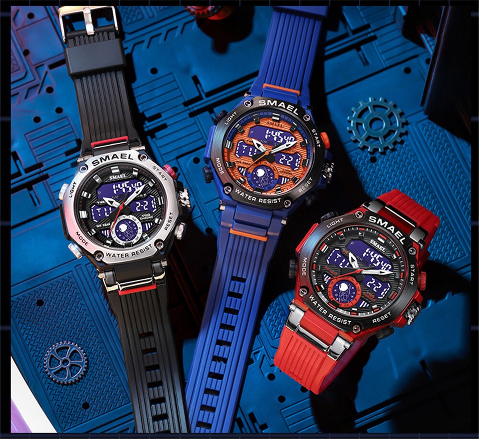 SMAEL Brand Men Digital LED Watch Dual Time Gold Watches Rubber ...