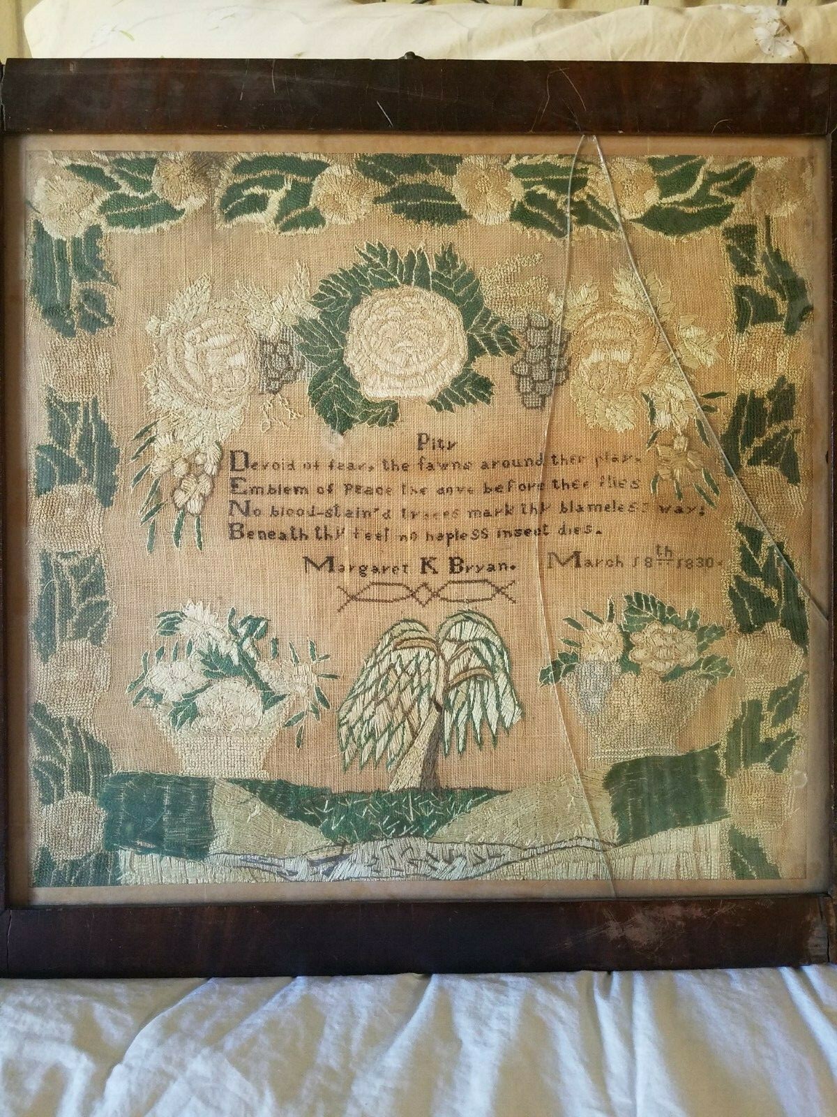 Victorian Antique multicolored hand embroidered silk sampler from 1830 ...