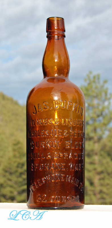 PRISTINE antique JAS. DURKIN amber western WHISKEY bottle SPOKANE ...