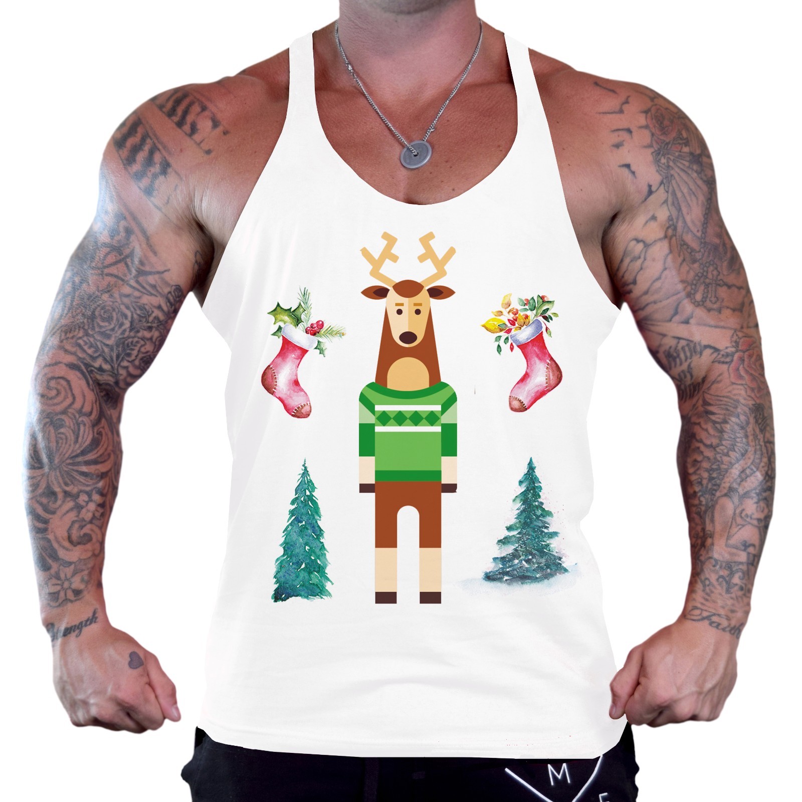 Men's Christmas Reindeer Workout Stringer Tank Top Holiday Ugly Sweater ...