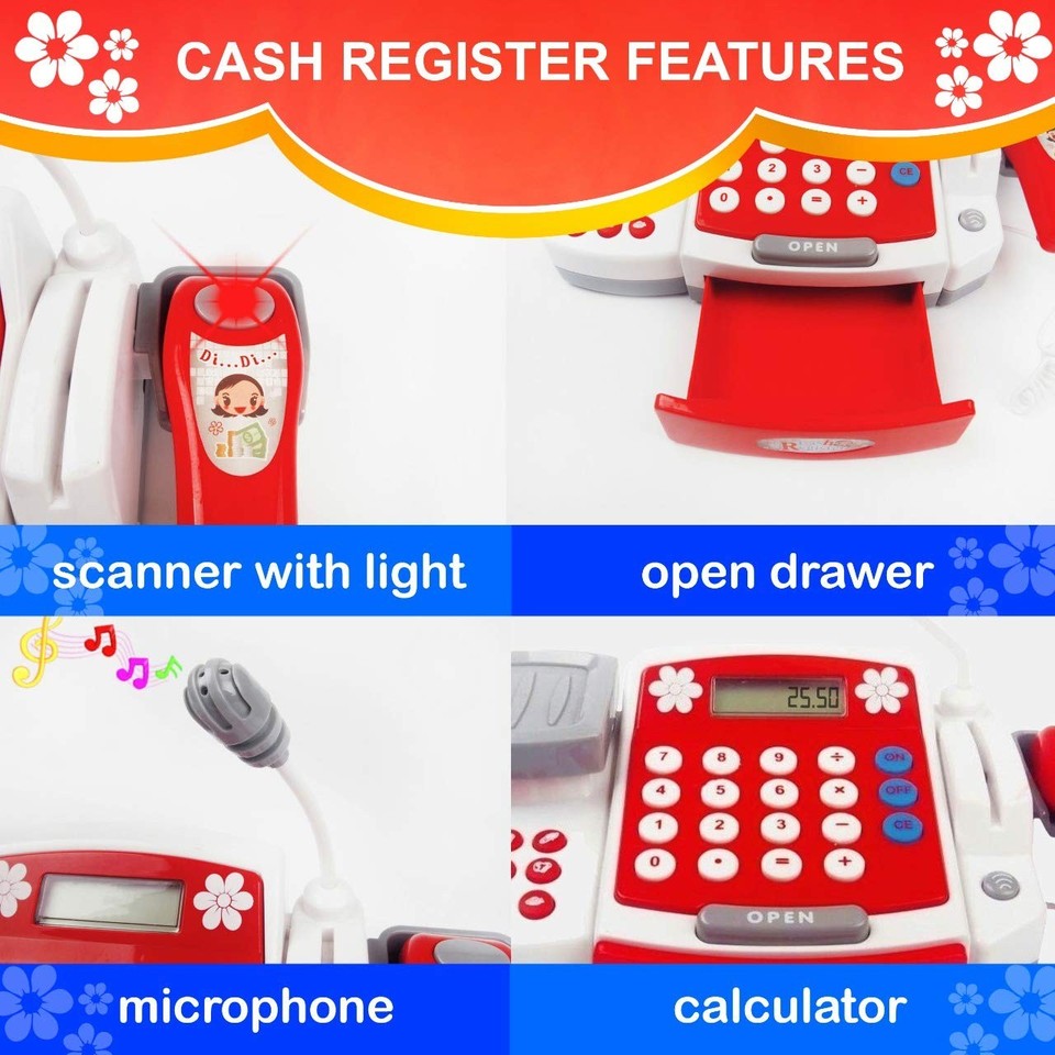 Toy Cash Register for Kids with Scanner, Play Money, Fake Credit Card ...