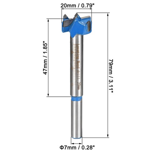 Wood Boring Drill Bit 20mm Dia. Carbide Alloy Steel Round Shank Blue ...