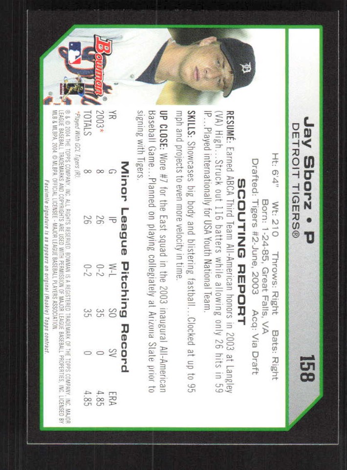 Jay Sborz 2004 Bowman Detroit Tigers #158 | eBay