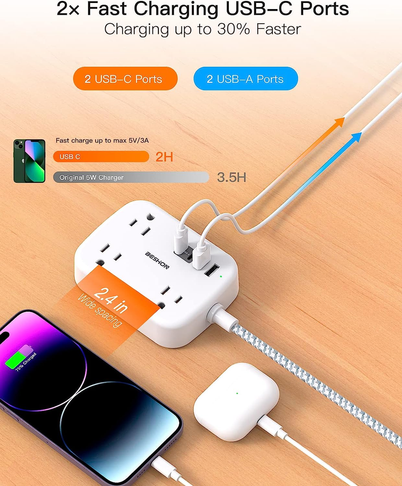 USB Power Strip, Extension Cord with USB Port, Flat Plug Power Strip ...