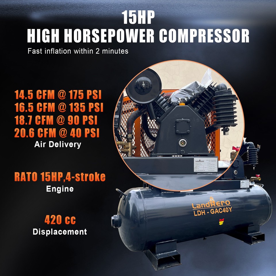 40 Gallon Air Compressor - 15HP Gasoline Engine, 175 psi Max Pressure ...