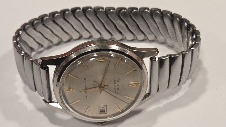 Vintage Mid-century Norbee Mechanical Mens Silver Toned Watch Winds And ...