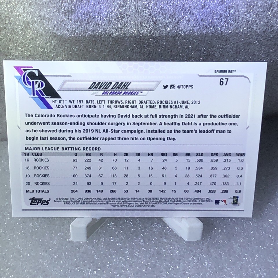 2021 Topps Opening Day DAVID DAHL Blue Foil Parallel Rockies 67 ...