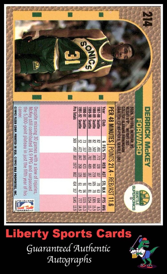 1992-93 NBA Hoops Derrick McKey #214 Authentic Autographed Seattle ...
