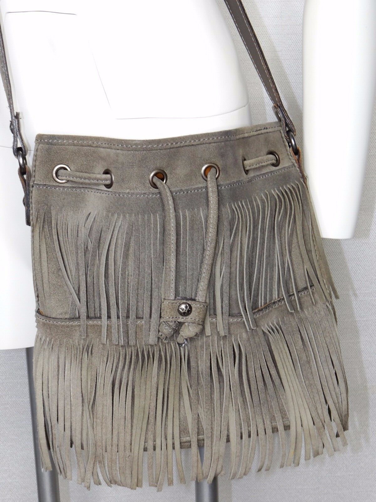 Patricia Nash Bronte Fringe Bucket Crossbody Suede Gray 70s era Chic ...
