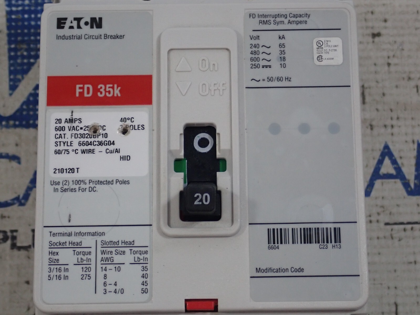 Eaton FD3020 20 Amp 3 Pole 600V FD 35K @ 480v Bolt On Circuit Breaker ...