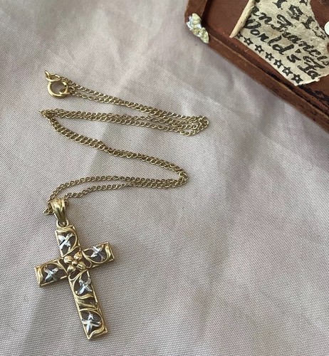 10K Solid Yellow Gold Cross Childs Pendent 12” Chain Necklace Catholic ...