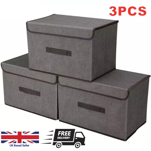3Pcs Large Foldable Canvas Storage Boxes Folding Fabric Clothes Baskets ...