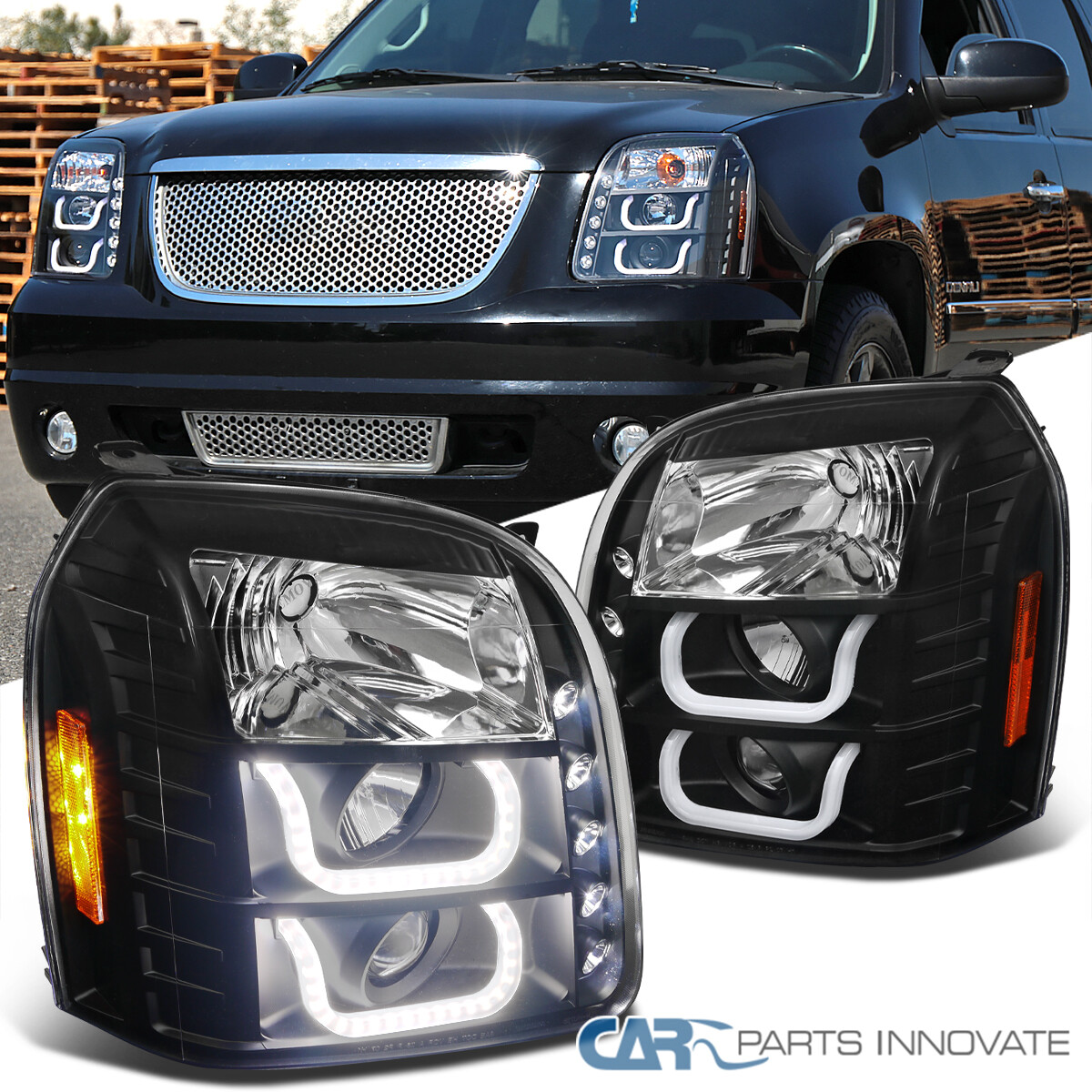 Fits 2007-2014 GMC Yukon Denali XL Black LED Halo Projector Headlights ...