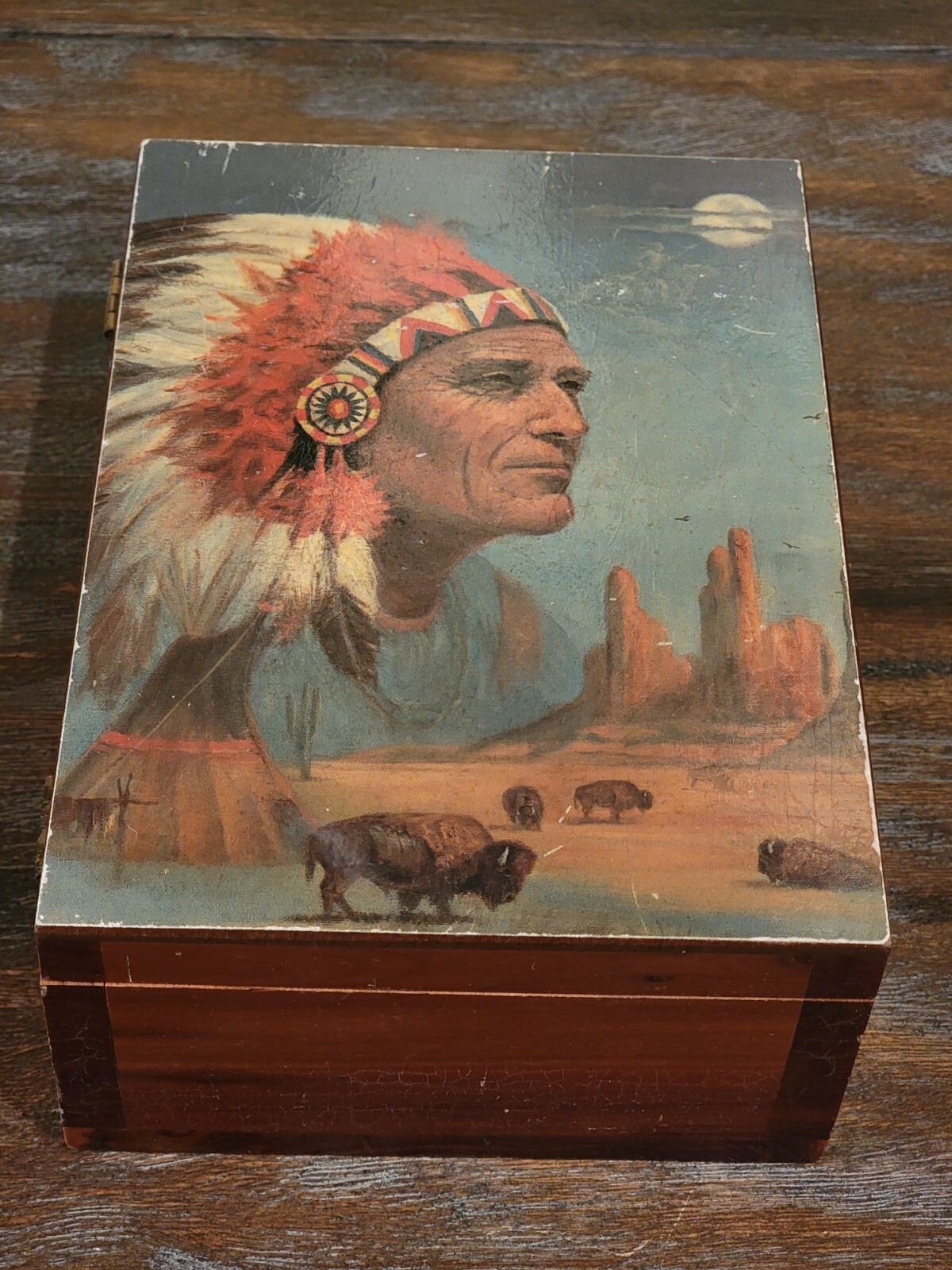 Vntg Cedar Box of a Native American Indian Chief /Buffalo /Mountains ...