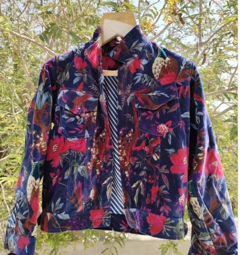 New Indian Blue Bird Velvet Quilted Jacket Handmade Jackets Women's ...