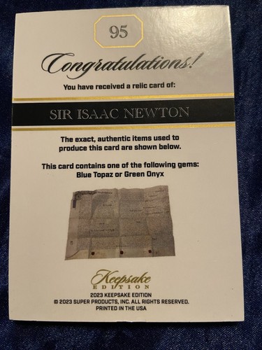 SIR ISAAC NEWTON 2023 KEEPSAKE ED. #95 BLUE TOPAZ GEM Written RELIC 28/ ...