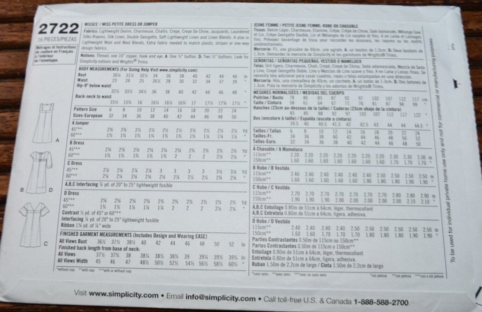 Simplicity Pattern 2722 Misses Petite Dress Jumper Sz 6-8-10-12-14 ...