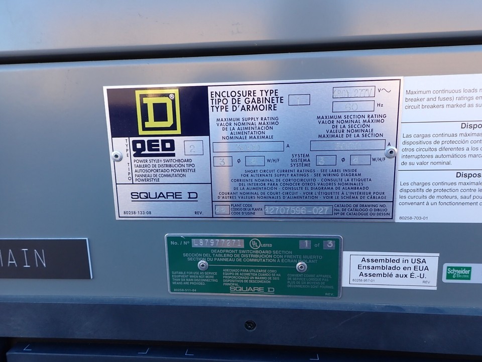 Square D QED 3000 amp Switchgear 480v 3 Phase 4W LSIG ERMS Panelboard ...