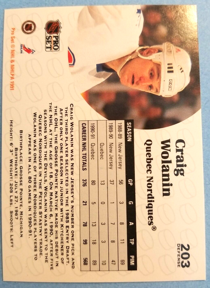 Craig Wolanin Quebec Nordiques 1991 Pro Set #203 NHL Autographed Hockey ...