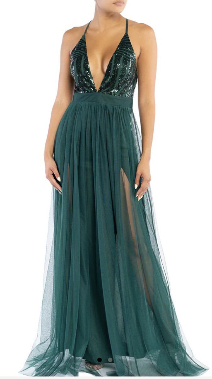 Luxxel Elegant Hunter Green Sequence Strap Deep V-Nec… - Gem