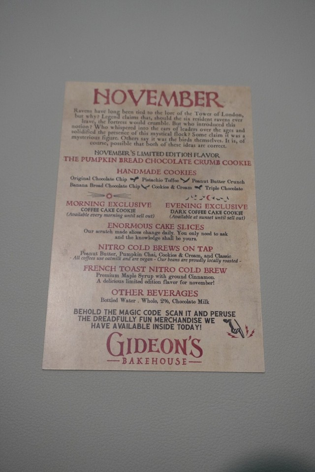 Gideon’s Bakehouse November 2023 Menu Card - Ravens Disney Springs | eBay