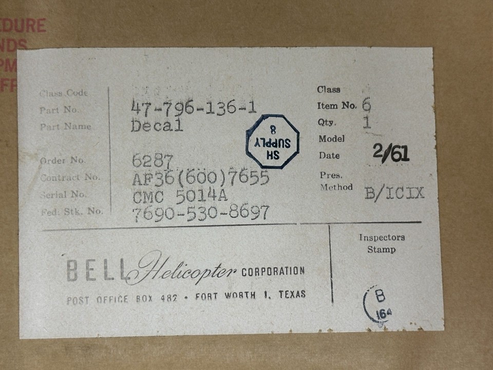 Bell 47 Helicopter Decal P/N 47-796-136-1 SA 047-796-136-001 New | eBay