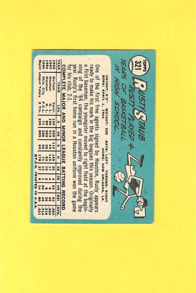 Rusty Staub 1965 Topps RC Rookie Astros #321 EX to EX MINT | eBay