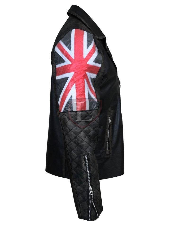 Men’s Motorcycle Biker Cafe Racer UK Flag Union Jack Black Real Leather ...