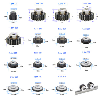 Mod 1.5 Spur Gear & Gear Racks 12 - 80 Tooth 45# Carbon Steel ...