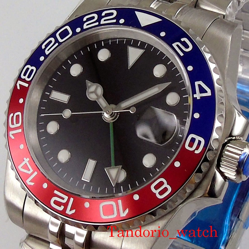 40mm Bliger Black Automatic GMT Men Watch Leather Band Luminous Ceramic ...