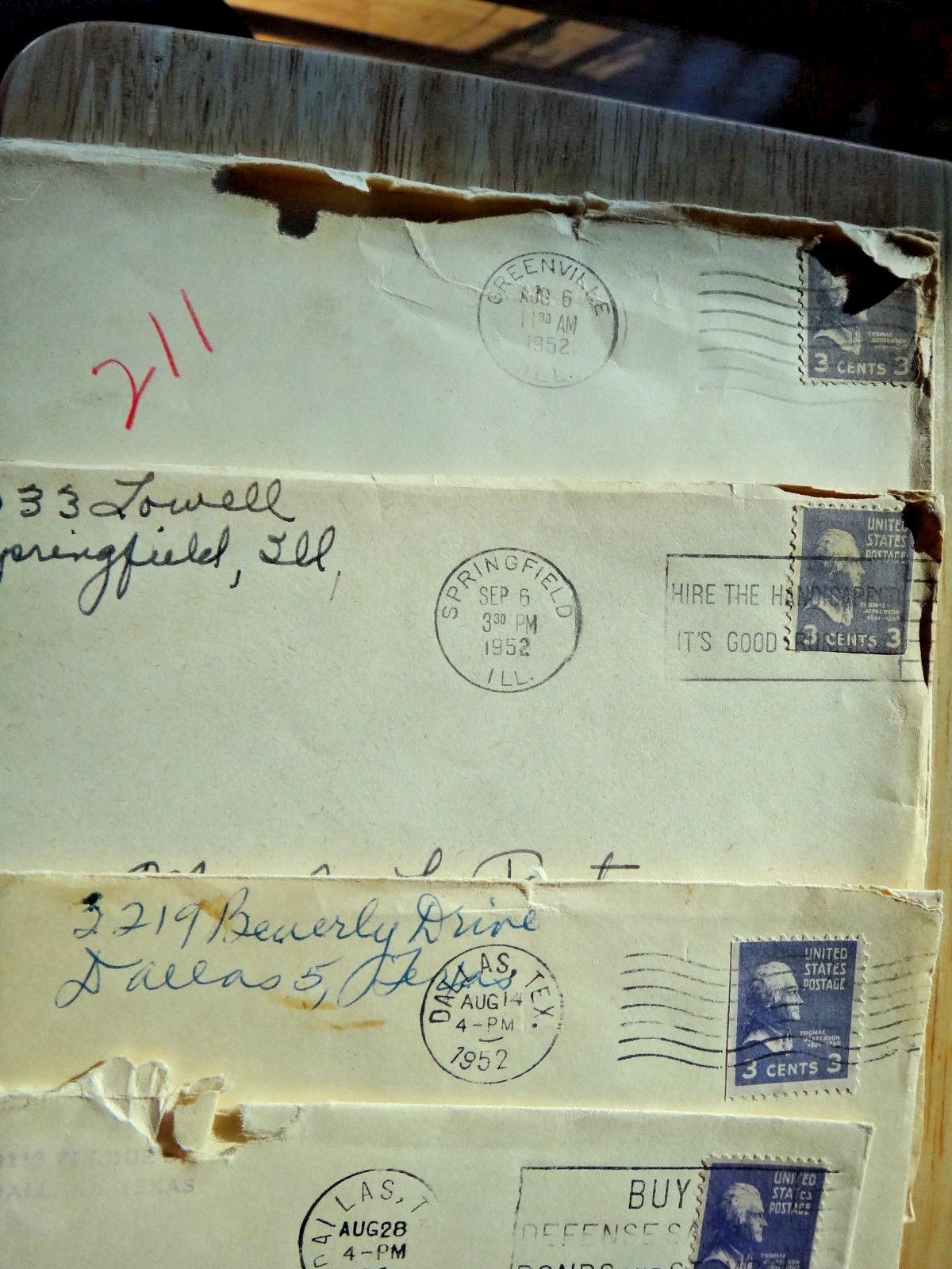 7 Vintage 1952 postmarked Envelopes 3 cent stamp Thomas Jefferson ...