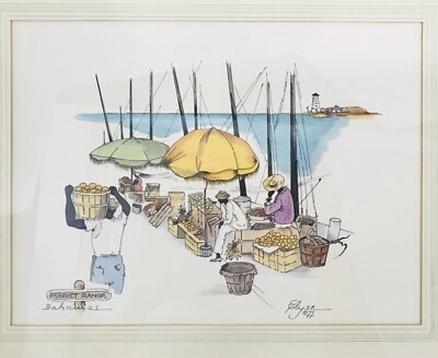 1977 Elyse Wasile Art Print of Market Range Bahamas Seashore Beach ...