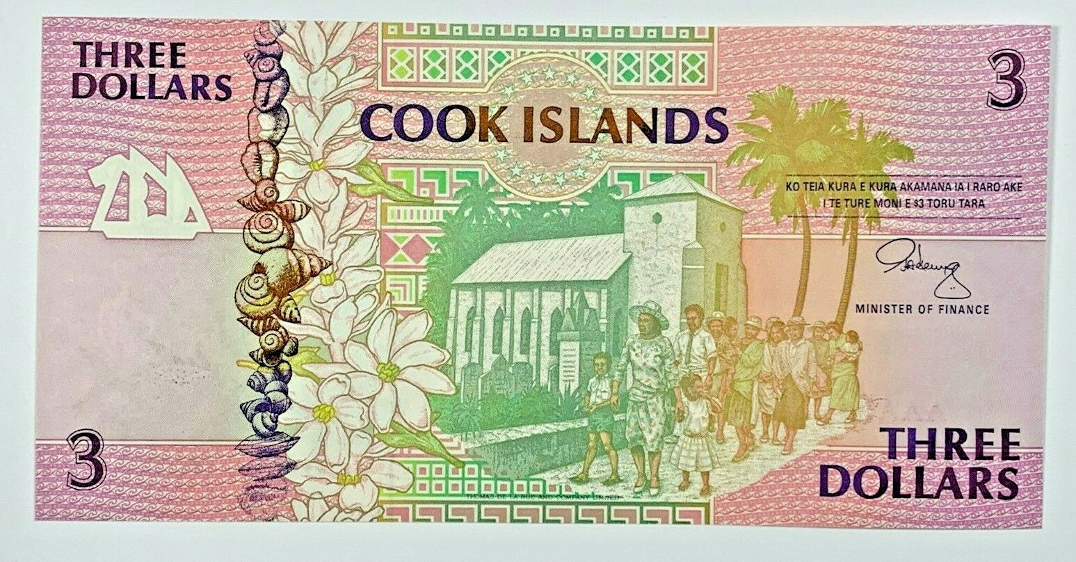 1992 Cook Islands 3 Dollars Uncirculated Banknote with Turtle Watermark ...