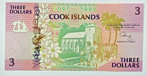 1992 Cook Islands 3 Dollars Uncirculated Banknote with Turtle Watermark ...