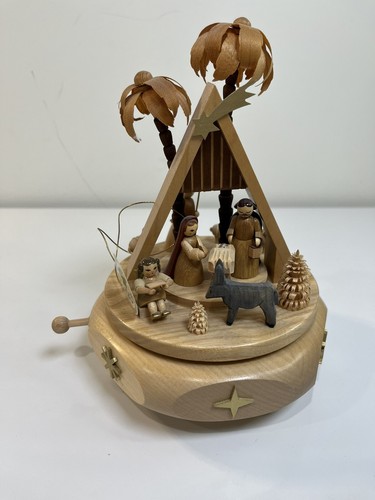 Vtg Erzgebirge Wood Nativity Music Box Hand Carved Motion “Silent Night ...
