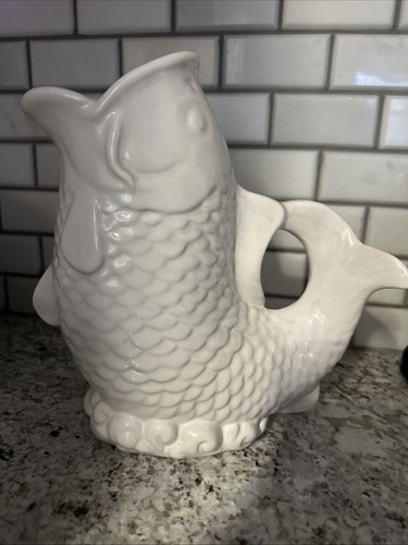 Large Nantucket Home Pottery White Gurgling Fish Jug Pitcher Nautical ...