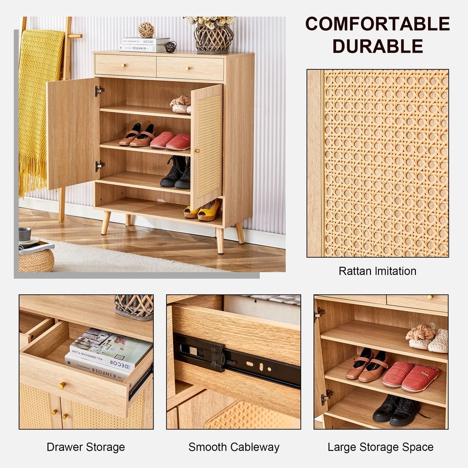4-Tier Shoe Storage Cabinet Dual Rattan Decor Doors Shoe Cabinet with ...