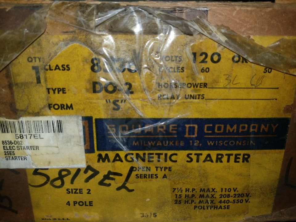 Square D Size 2 Mag Starter Class 8536 Type DO2 Series A Form 4314-S2 ...