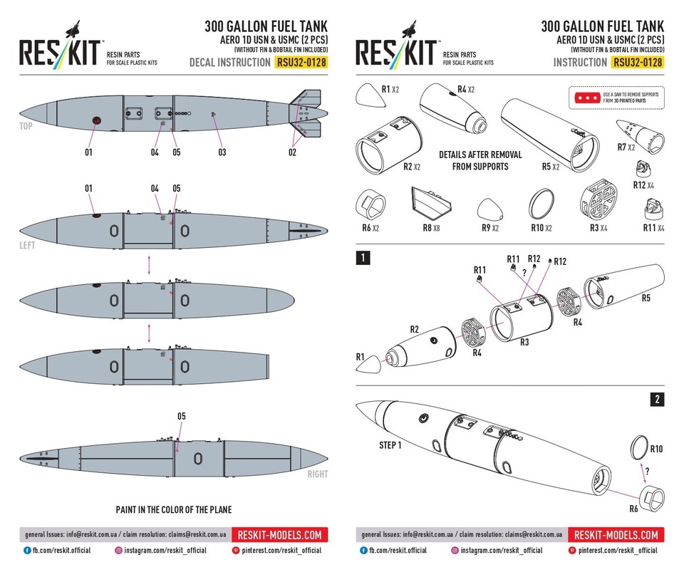 300 gallon fuel tank AERO 1D USN & USMC (2 pcs) Scale 1:32 ResKit RSU32 ...