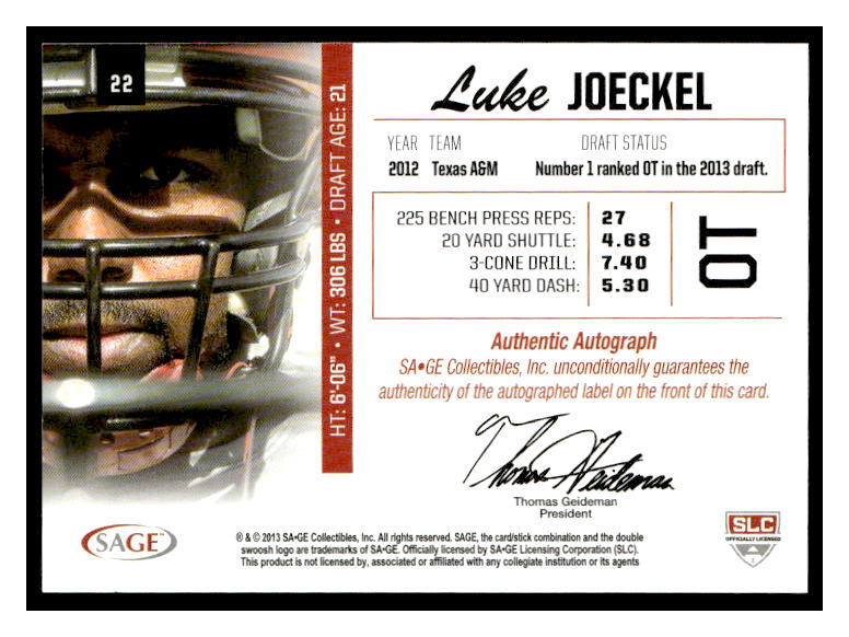 Luke Joeckel 2013 SAGE 22 AU Autographs Silver Auto | eBay
