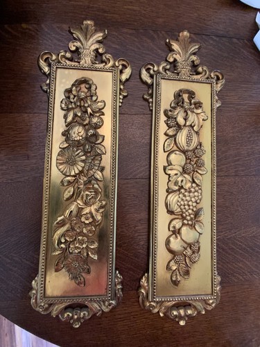 Pair Vintage 1970-1971 Syroco Flowers & Fruits Wall Plaques GOldtone ...