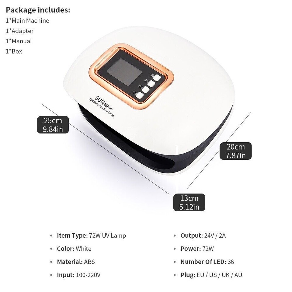 72W UV/LED Sun Light Lamp Manicure Polish Curing LCD Sensor Timer Nail ...