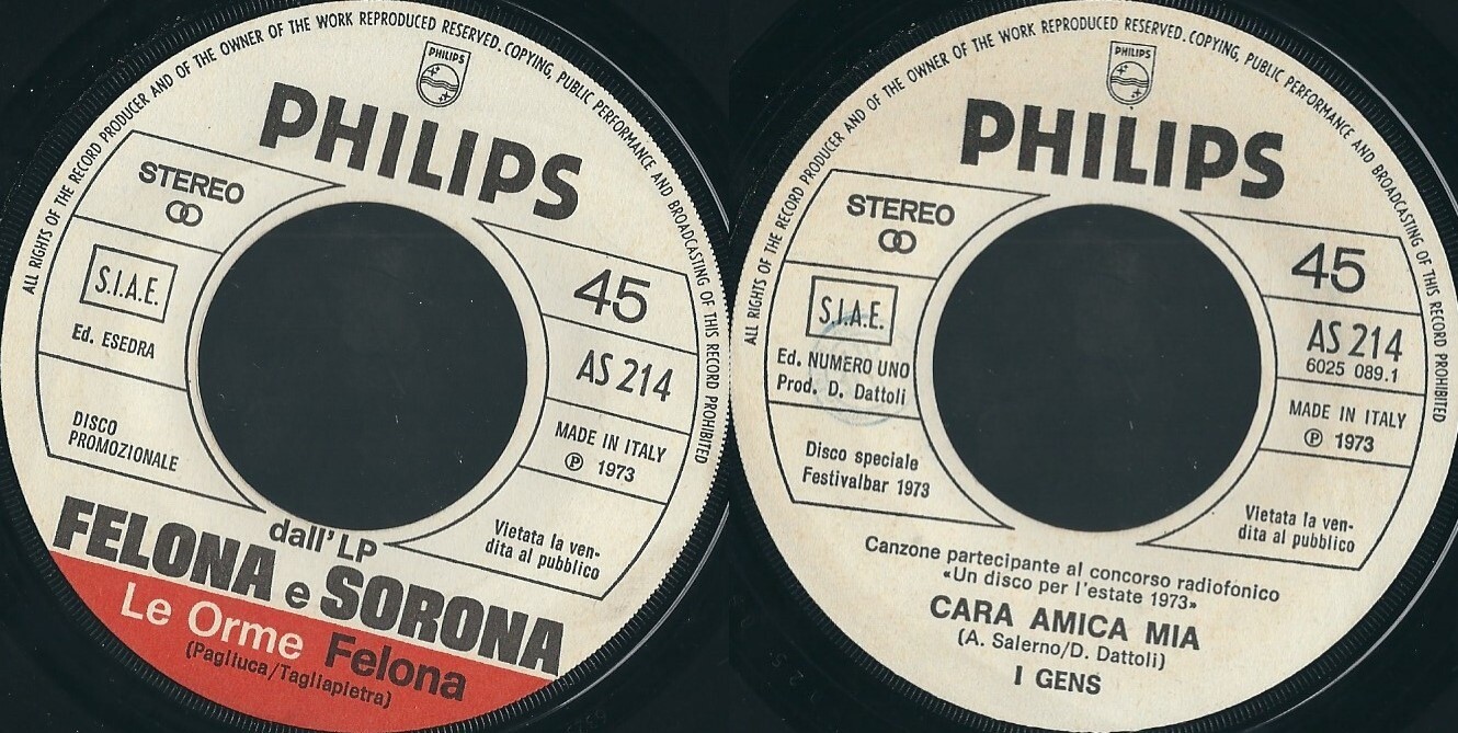 45 RPM Record Le Orme / I Gens - Felona // Dear Friend of Mine | eBay